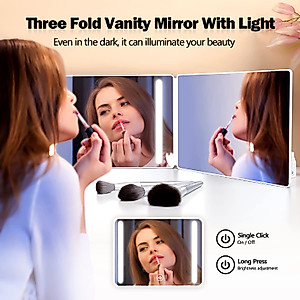 JANMPASK LED 3 Way Mirror for Self Hair Cutting Mirror Vanity Mirror Barber Supplies Accessories 360 Makeup Mirror with Light Trifold Mirror to See Back of Head (White with Light)