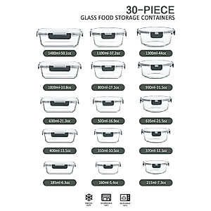 M MCIRCO 30 Pieces Glass Food Storage Containers with Upgraded Snap Locking Lids,Glass Meal Prep Containers Set - Airtight Lunch Containers, Microwave, Oven, Freezer and Dishwasher Friendly