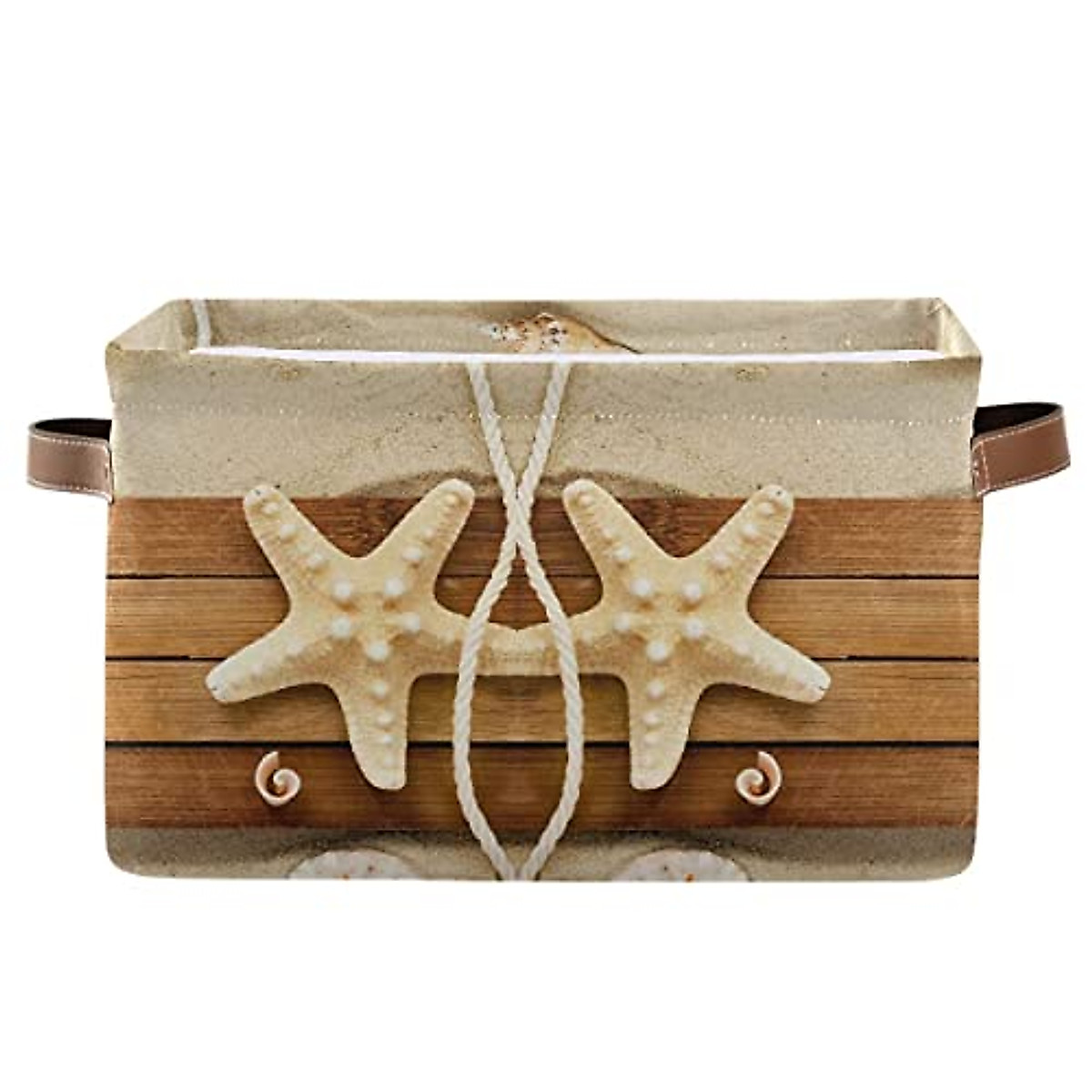 Storage Basket Wooden Beach Seashell Starfish Rectangle Foldable with Leather Handle Nursery Storage Bins Boxes Cube Organizer for Children Toys Books Clothes Home Bedroom