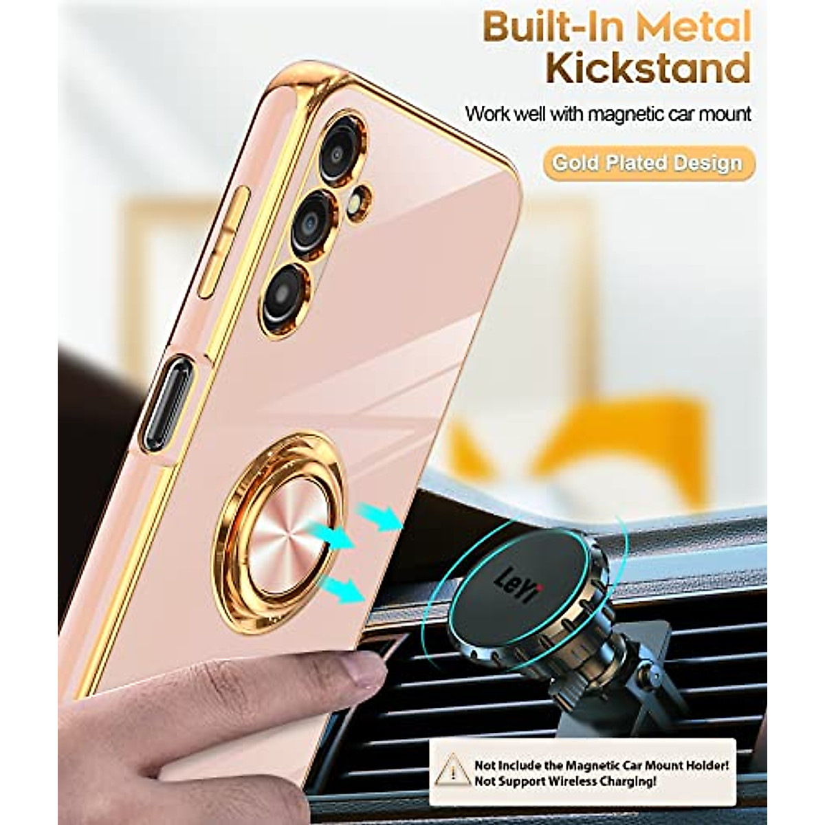 LeYi for Samsung Galaxy A14 5G Case with Tempered Glass Screen Protector [2 Pack] 360° Rotatable Ring Holder Magnetic Kickstand, Plating Rose Gold Edge Protective Case, Pink