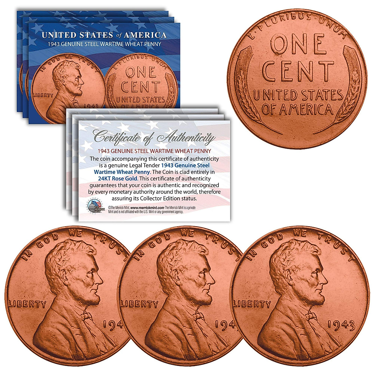 1943 WWII Steel Lincoln Wheat Penny Coin Genuine Rose Gold Plated COA - Qty of 3
