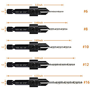 5-pc Woodworking Countersink Counterbore Drill Bit Set 3in1 for #6 8 10 12 16 Screws, M2 Pilot Drill Bits Adjustable Depth, 82-Degree Chamfer with Stop, 1/4” Hex Shank, Includes 2 Allen Wrenches
