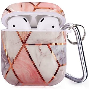 Qokey Compatible with Airpods Case,Bling Marble Soft Silicone Case Cover Wireless Charging Case Portable & Shockproof Women Girls Men with Carabiner Protective Case for AirPods 1 & 2,Rose Gold Marble
