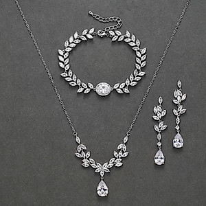 SWEETV Bridal Jewelry Set for Wedding, Cubic Zirconia Necklace Dangle Earrings Bracelet Set, Teardrop Marquise Brides Bridesmaids Wedding Prom Jewelry Sets for Women