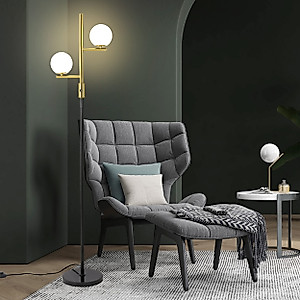 Asmymhd Dimming Floor Lamp with 2 Sphere Frosted Glass Globes,Mid Century Gold and Black Standing Lamp for Living Room, Bedroom, Office. (Black+Gold)