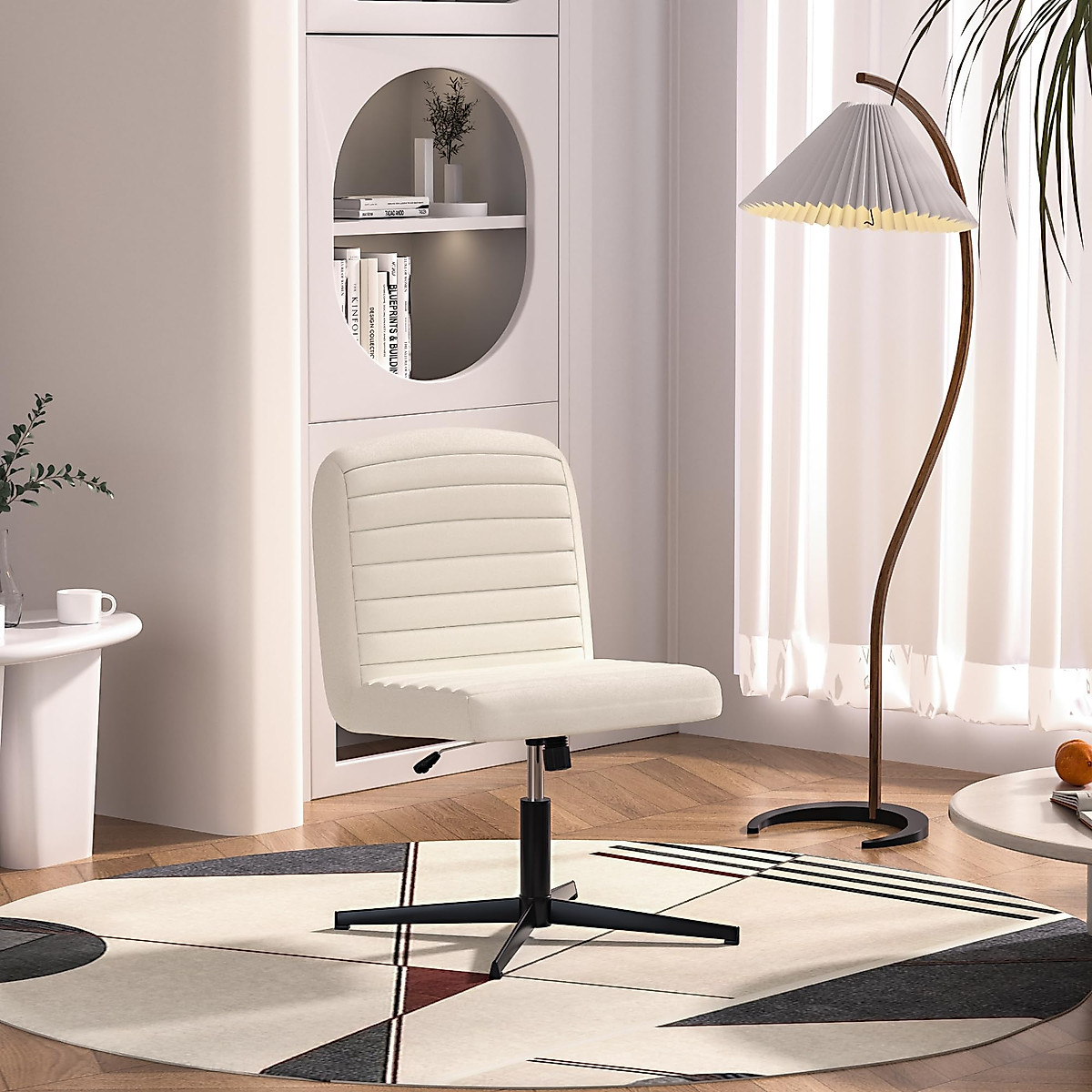 VECELO Armless Office Chair No Wheels Fabric Padded Cross Legged, Adjustable Height, Wide Seat for Home/Bedroom Make Up, Beige