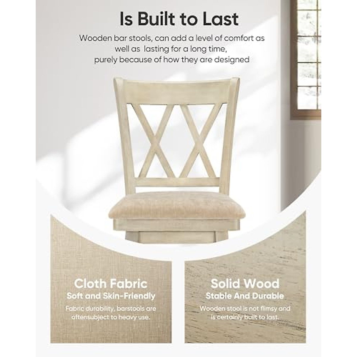 Bar Stools Set of 3, 30.3" Seat H for 39.3"~41.3" Counter Height, 360° Swivel Modern Bar Stool with Curved Wooden Back, Luxury Cloth Fabric Upholstered Counter Stools for Kitchen Island Counter