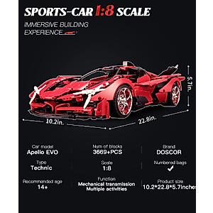 DOSCOR Apello EVO Sports Car Building Kit,1:8 Scale Technical Super Car Building Blocks Set for Adults,Men&Teens,Adult Collectible Model and Engineering Toy(3669+ Pcs)