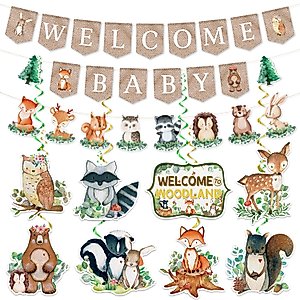NO-DIY Woodland Baby Shower Decorations, Woodland Animals Baby Shower Decorations Banner Swirls, Woodland Theme Baby Shower Decorations for Girls Boys Woodland Creatures Baby Shower Birthday Party