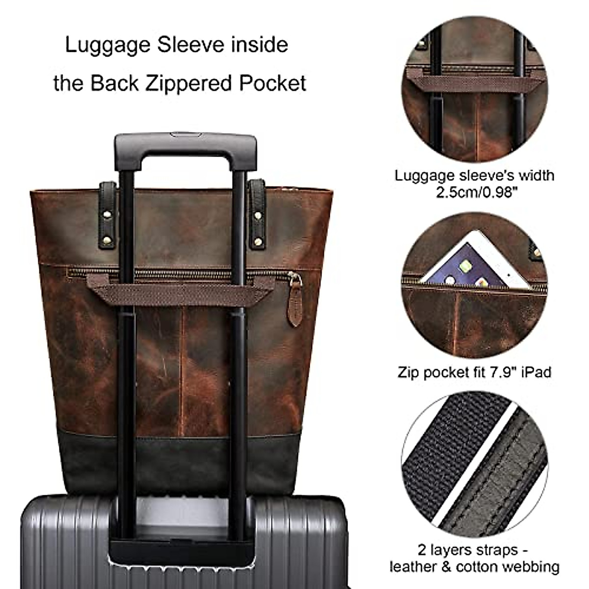 S-ZONE Vintage Genuine Leather Shoulder Bag Work Totes for Women Purse Handbag with Back Zipper Pocket Large