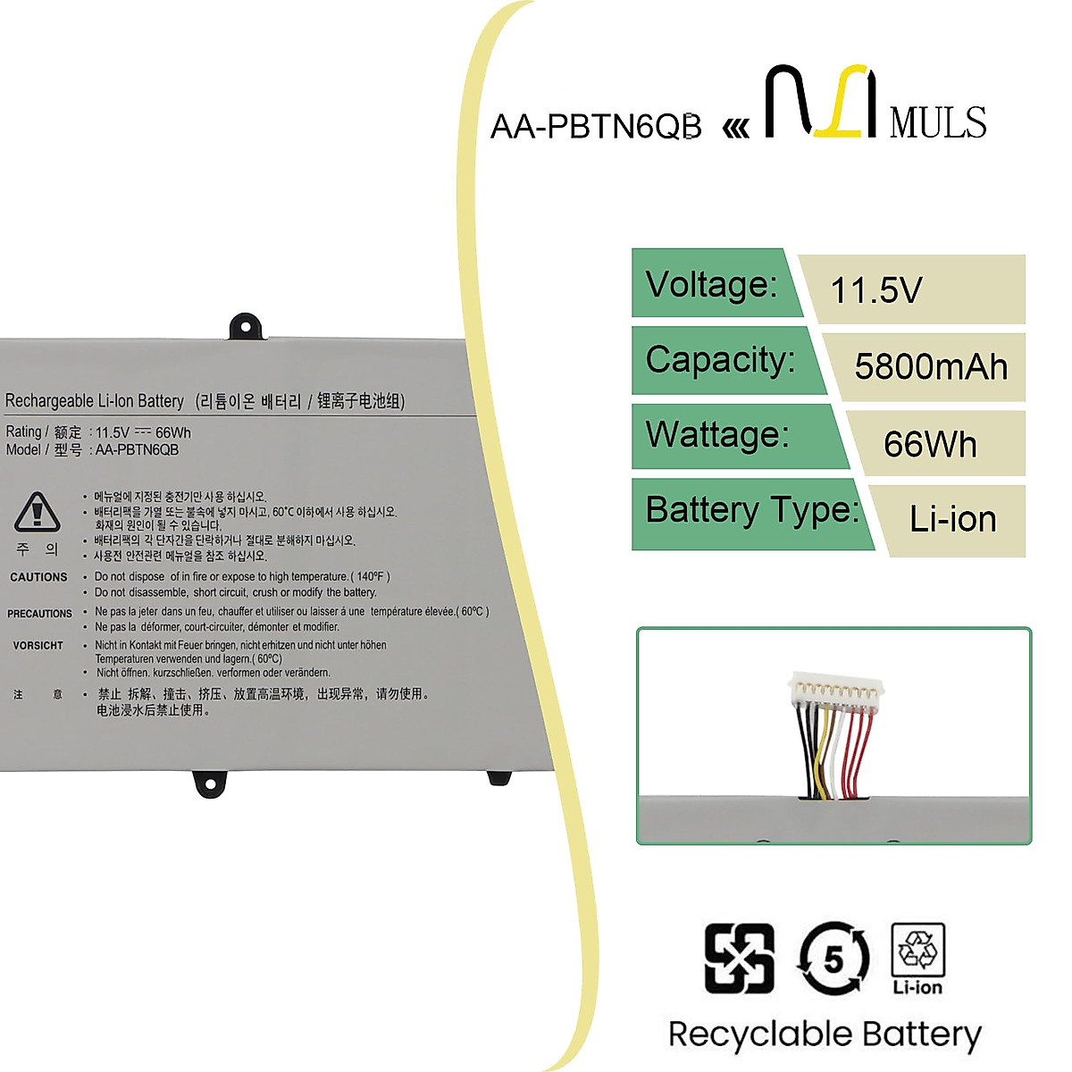 66Wh AA-PBTN6QB PBTN6QB Laptop Battery Replacement for Samsung Notebook 9 NP900X5N NT900X5N-X78L NP900X5N-X01US NP900X5N-L01US NP900X5N-K03 900X5N-K02 NP900X5N-K07HK 900X5N Series AAPBTN6QB 11.5V