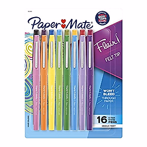 Paper Mate Flair Felt Tip Pens, Medium Point (0.7mm), Assorted Colors, 16 Count
