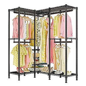 SEMHOR S5 Clothes Rack Heavy Duty Clothing Rack with 7 Shelves & 4 Hang Rods, Freestanding Metal Garment Racks for Hanging Clothes, Black Portable Wardrobe Closet 15.8"W X 76"L X 75.6"H, Load 920LBS