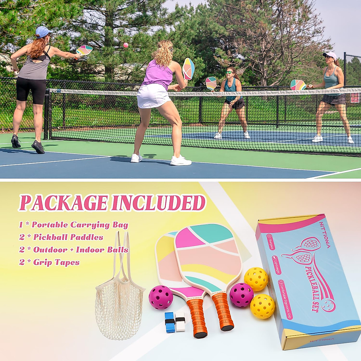 HITTIONA Pickleball Paddles - Fiberglass Pickleball Paddles Set of 2, USAPA Approved Pickle Ball Rackets 2 Pack with 4 Pickleball Balls, 1 Pickleball Net Bag, Paddles Ball Set for Beginners