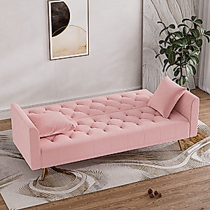 DAMAIFROM 71" Velvet Futon Sofa Bed, Modern Convertible Sleeper Sofa Loveseat, Tufted Futon Couch with Metal Legs for Small Living Room Office Bedroom, Pink