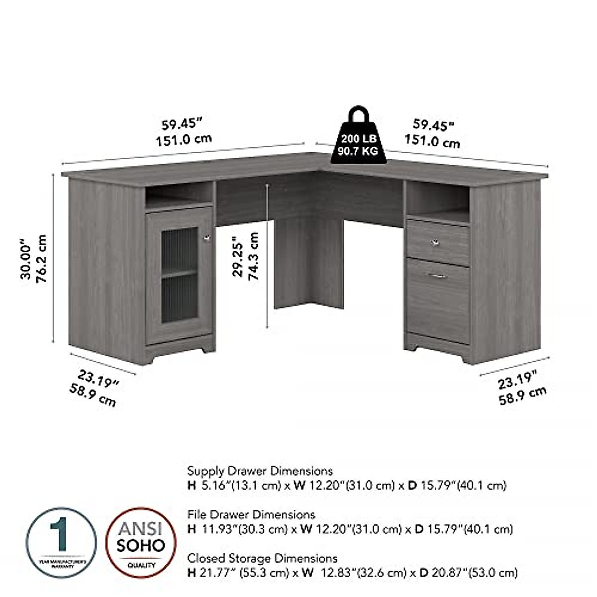 Bush Furniture Cabot 60W L Shaped Computer Desk in Modern Gray