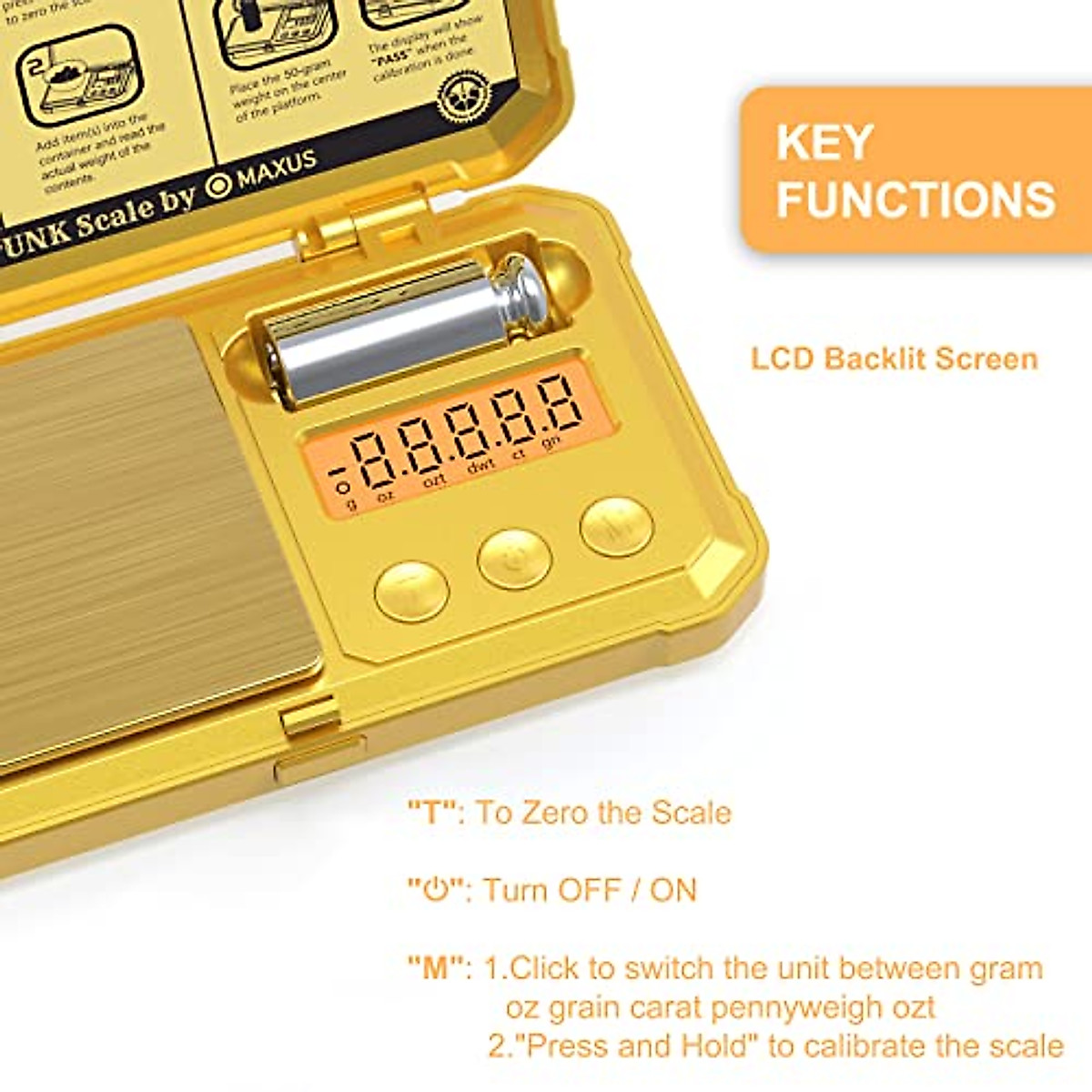 MAXUS Steampunk Digital Scale 200g x 0.01g Precision with 50g Calibration Weight. Golden, Skull-Embossed, Backlit LCD, Stainless Steel Platform for Food or Items.
