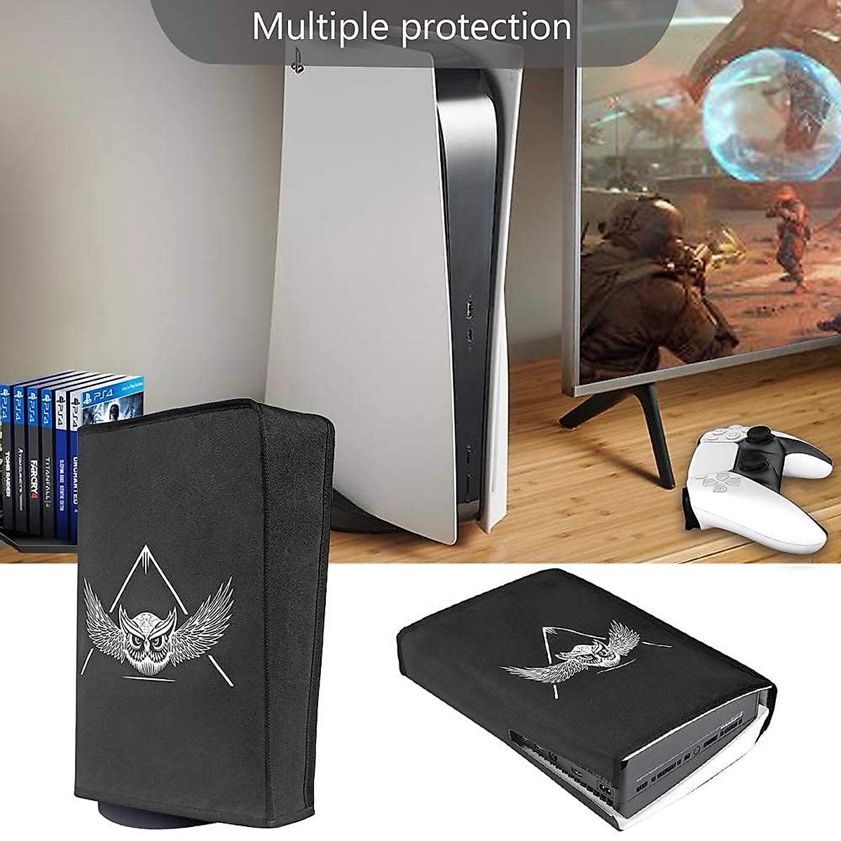 MASiKEN Dust Cover for PS5 Disc and Digital Edition, Waterproof Nylon Fabric PlayStation5 Console Cover Accessories, Protective Soft Neat Lining Anti Scratch, Easy Access Cable Port (Angry Owl)