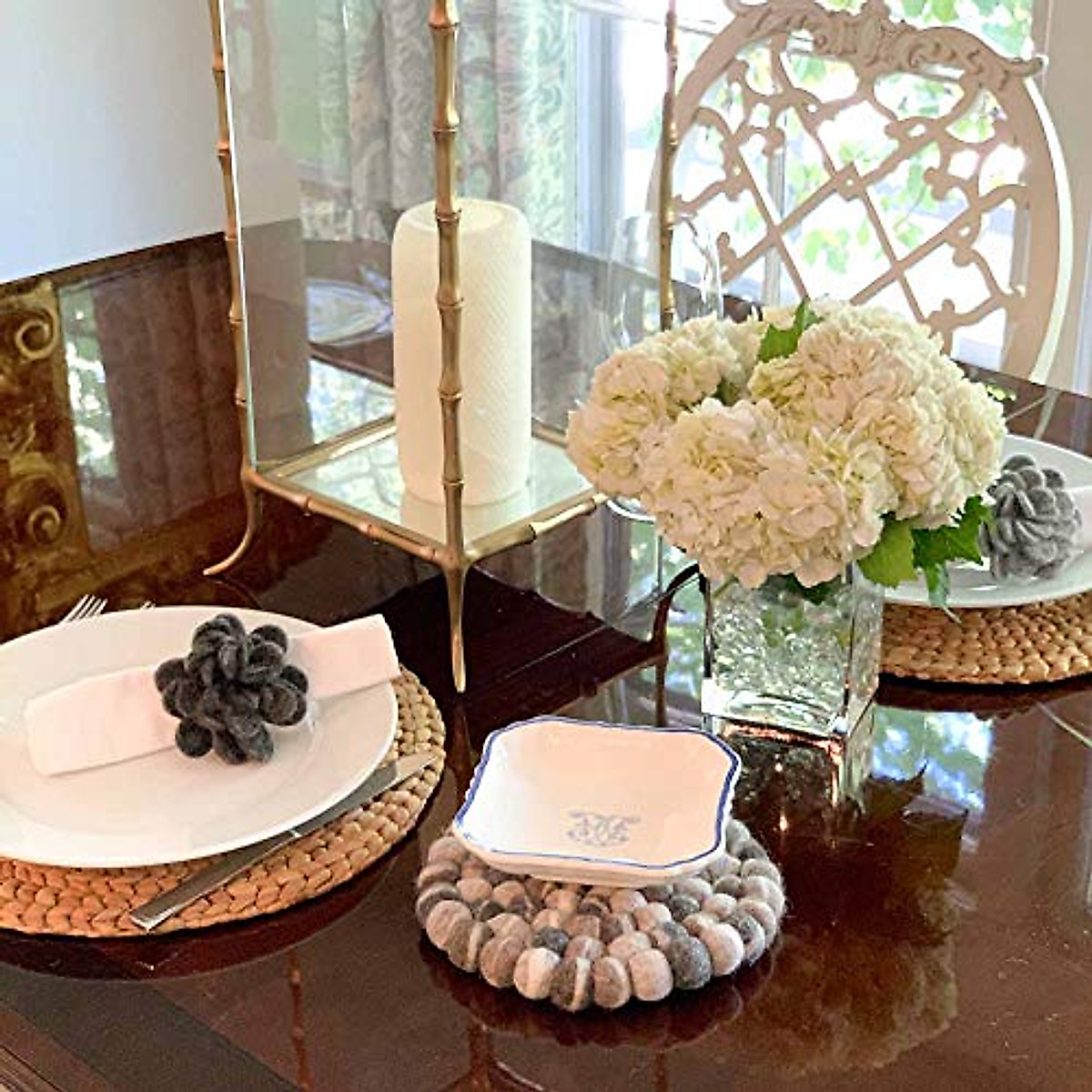 Global Crafts Hand Crafted Felt Ball Wool Trivet Mat from Nepal, 8" Round Pad, Dark Grey