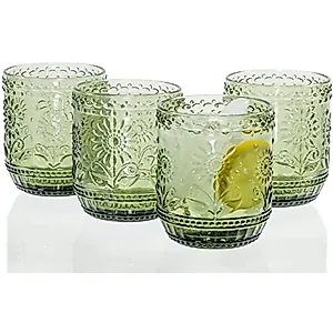 Vintage Botanist Drinking Glass Set, Luxurious Floral Embossed Decorative Green Glassware, Set of 4, 4-inch, 12 oz