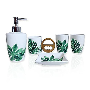 Green Tropical Bathroom Accessory Sets Sturdy Housewarming Gift 5 Pieces Ceramic Bath Accessories Collection Set Palm Tree Decor Toothbrush Holder Lotion Dispenser Soap Dish Tumbler (Green Tropical)