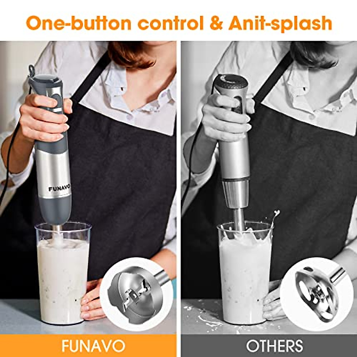 FUNAVO.vo Immersion Blender, 800W 5-in-1 Hand Blender 12 Speed 304 Stainless Steel Stick Blender with Turbo Mode, 600ml Beaker, 500ml Chopping Bowl, Whisk, Milk Frother, BPA-Free(Grey)