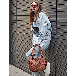 Montana West Shoulder Bag For Women Washed Leather Crossbody Purses Handbags Tote Satchel Bags Brown MWC-019BR