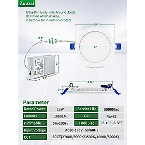 zouzai 1 Pack 6 Inch 5CCT Ultra-Thin LED Recessed Ceiling Light with Junction Box, 2700K/3000K/3500K/4000K/5000K Selectable, 12W Eqv 110W,Dimmable, led can Lights- ETL and Energy Star Certified