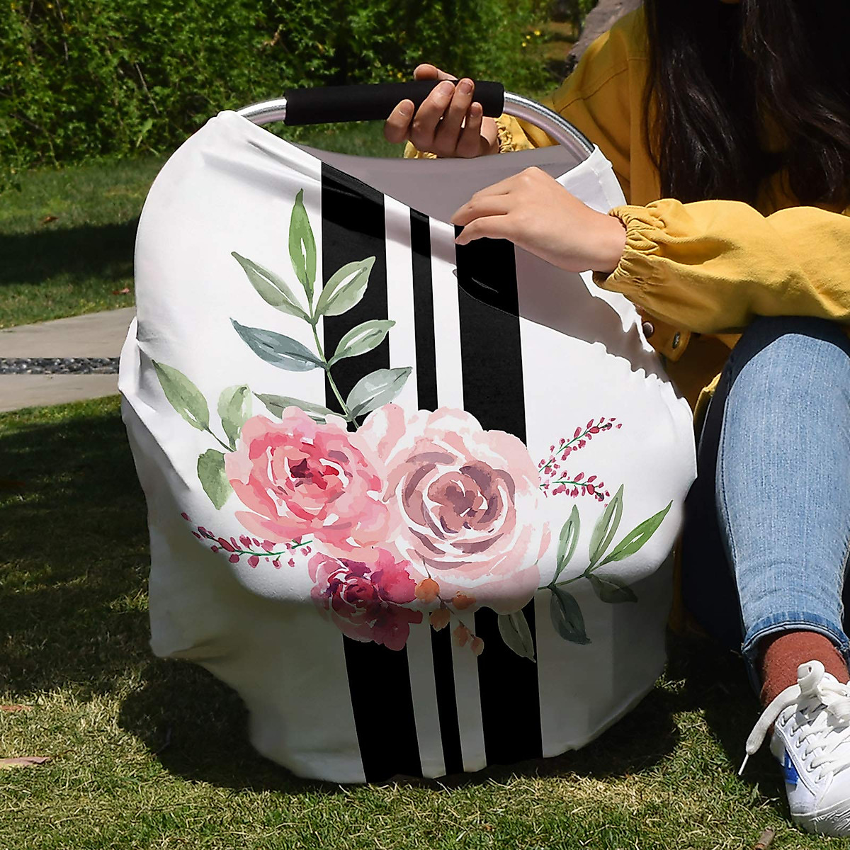 Baby Nursing Cover Carseat Canopy Spring Watercolor Blossom Pink Flowers Breathable Privacy Breastfeeding Scarf White and Black Stripe Multi Use Car Seat Covers for Boys or Girls