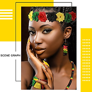 Jexine 4 Pieces Multicolor Beaded Jamaican Bracelet Wood Dangle Pierced Earrings Floral Flower Crown Stretch Headband Rasta Beads Necklace