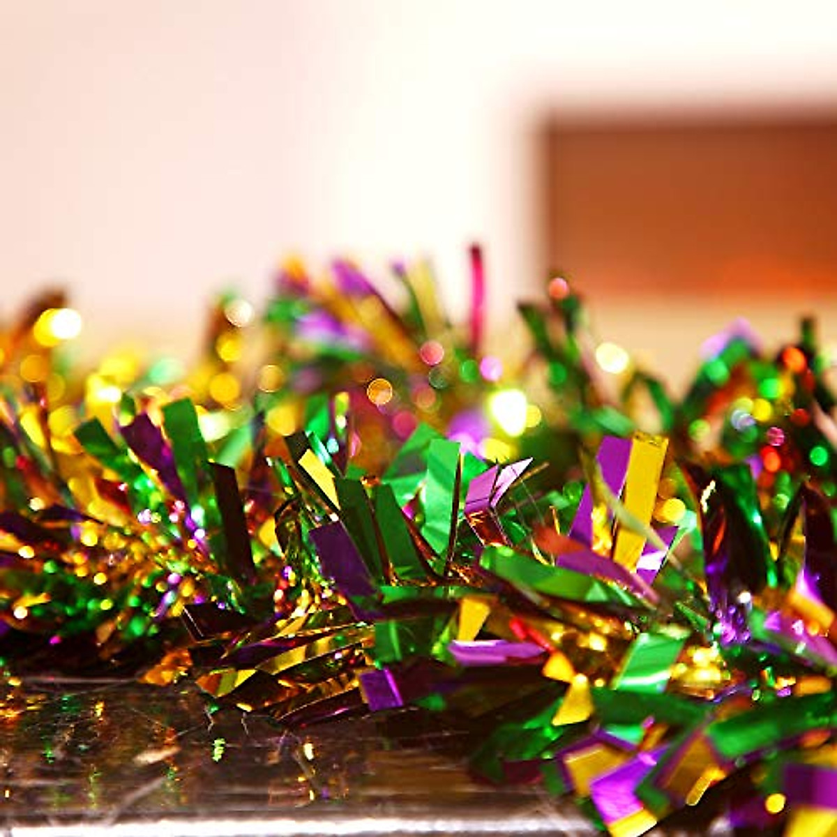33 Feet Mardi Gras Tinsel Purple Green Gold Metallic Streamers Garland Festooning Garland Glittering Hanging Decoration for Mardi Gras Wedding Birthday Disco Party Decorations Supplies