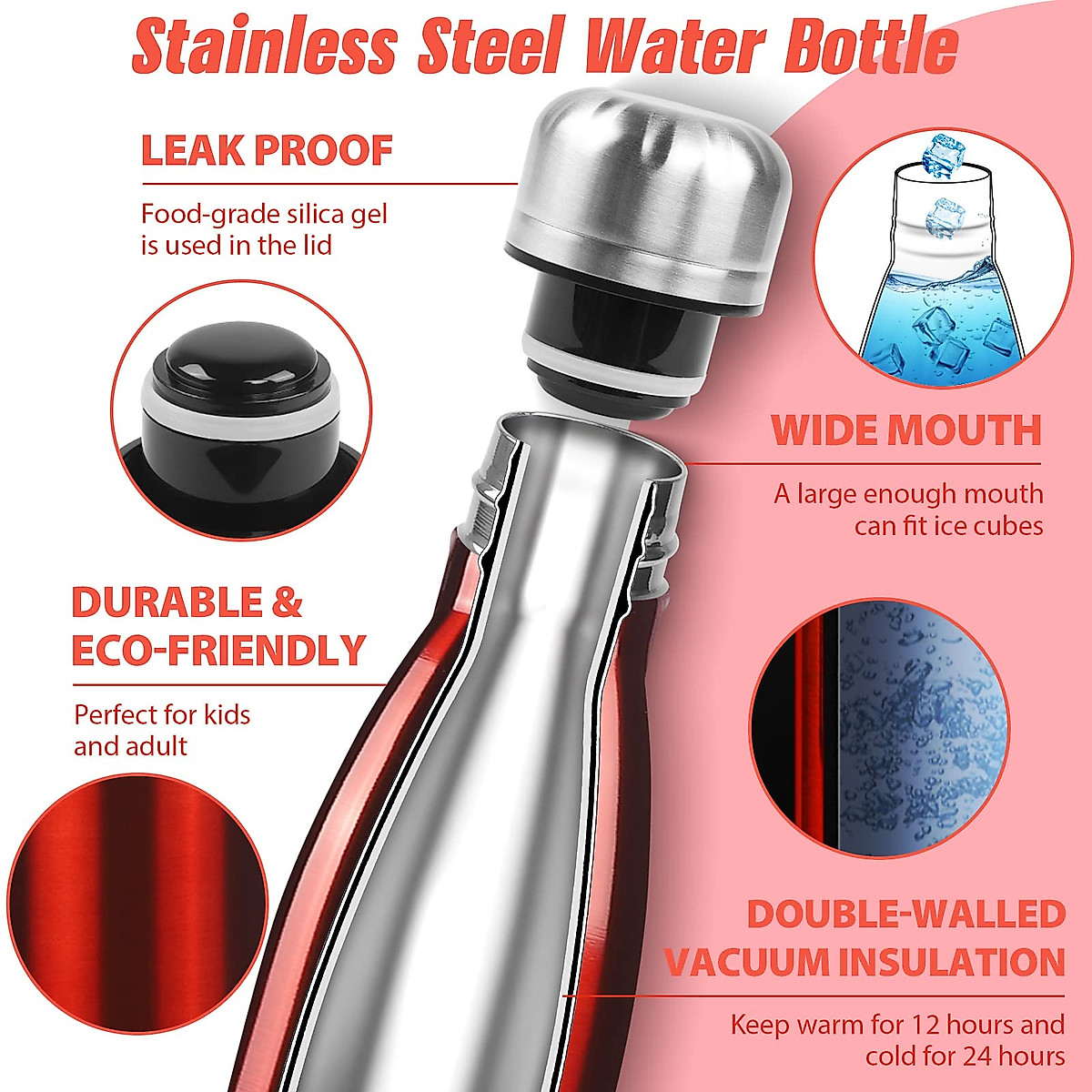 Sfee Insulated Water Bottle, 17oz Stainless Steel Water Bottles, Double Wall Vacuum Reusable Water Bottles Leak Proof BPA-FREE Sports Bottle Cup Keep Hot&Cold for Running Gym Workout Cycling Kids(Red)