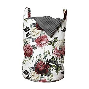 Ambesonne Shabby Flora Laundry Bag, Country Style Floral Flower Roses Watercolor Image Art, Hamper Basket with Handles Drawstring Closure for Laundromats, 13" x 19", Dark Coral Maroon