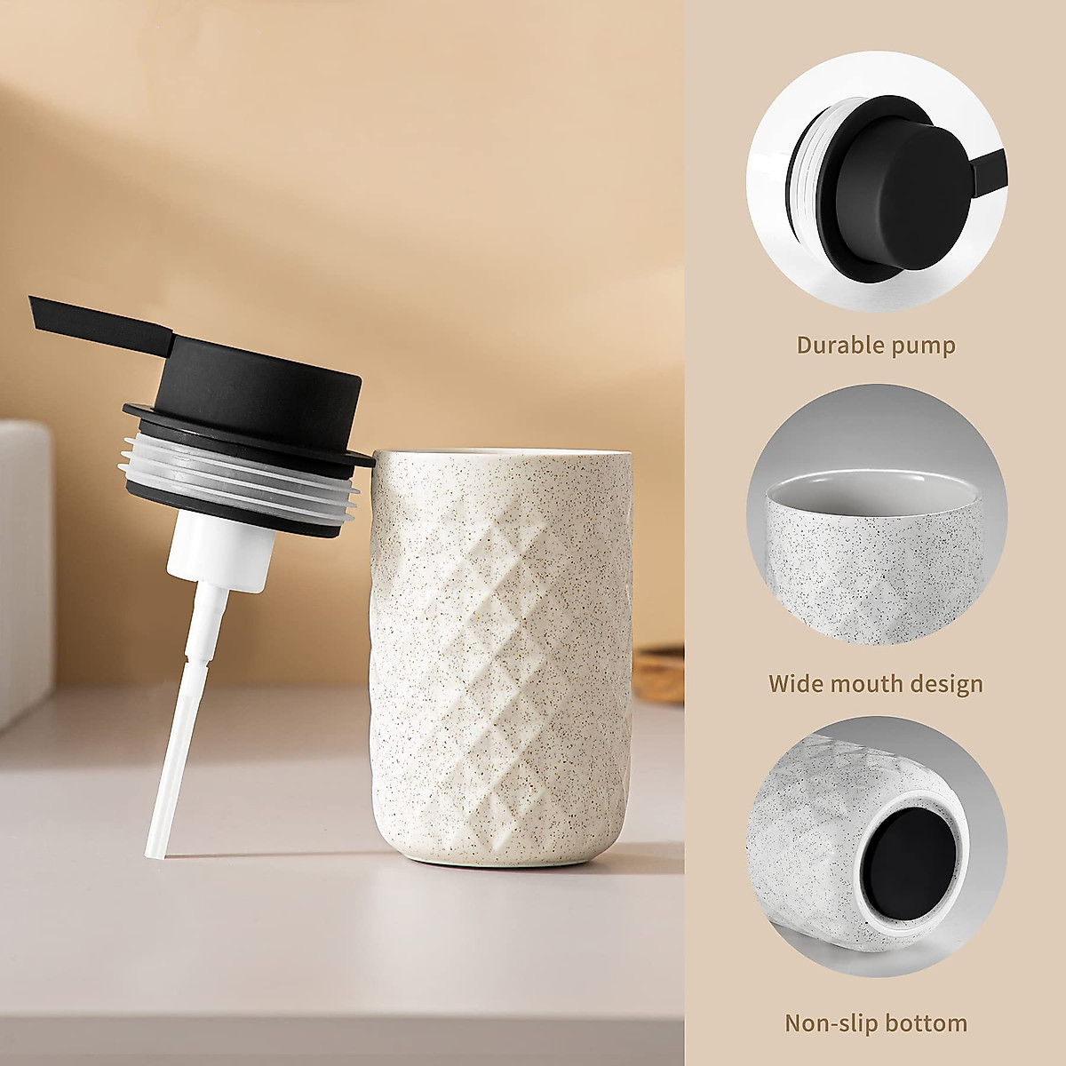 Bathroom Foaming Soap Dispenser 12oz Ceramic Hand Dish Soap Dispenser, Decorative Rhombus Kitchen Pump Bottle with Foam Bottle Pump(Cream Color)