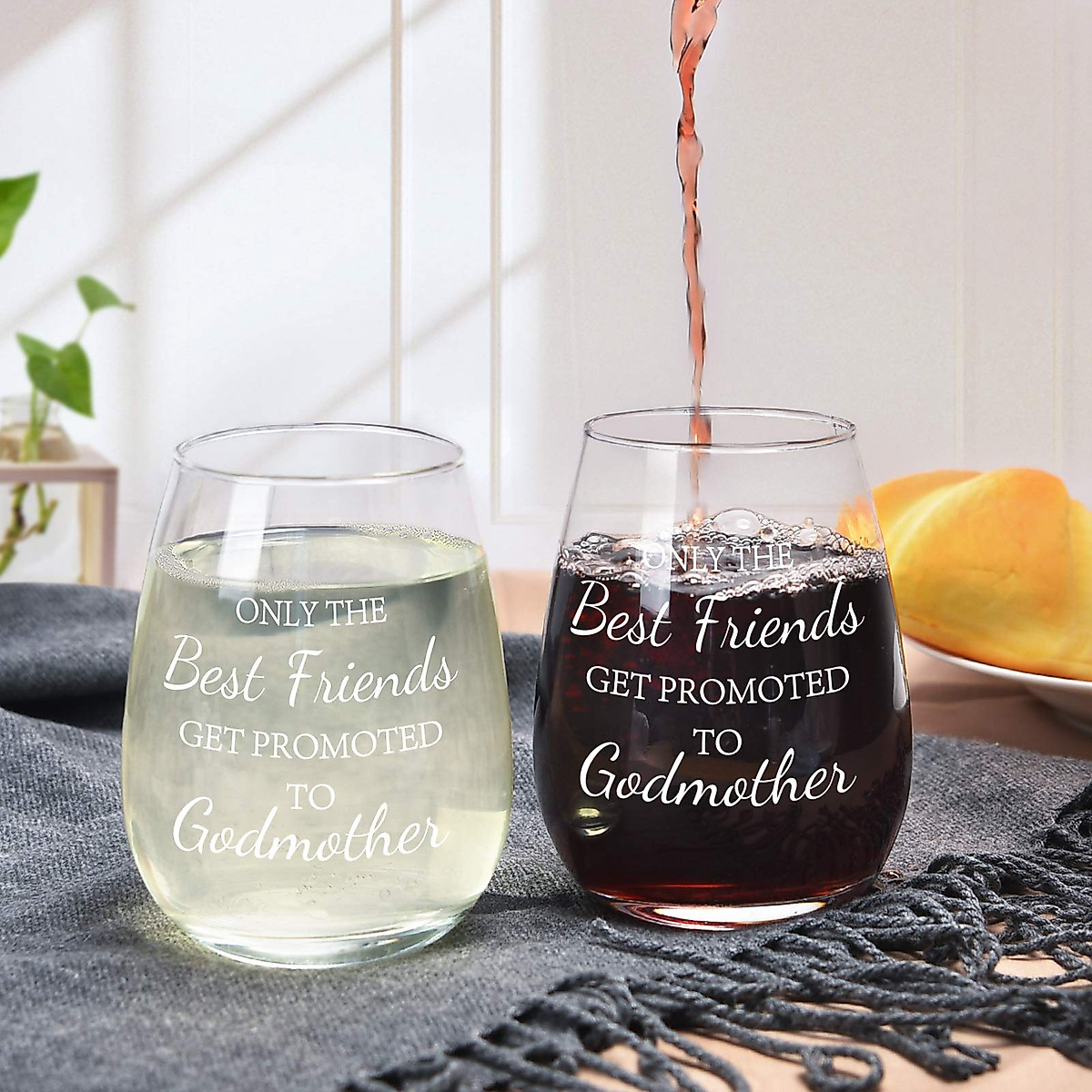 Godmother Gifts, Only The Best Friends Get Promoted To Godmother Stemless Wine Glass for Godmother Women Best Friends Mom Mother's Day Birthday Christmas, Funny Wine Glass from Godchildren