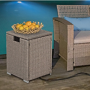 COSIEST Outdoor Hideaway Wicker Grey Tank Table for Gas Fire Pits, Hides Standard 20 Gallon 16-inch Propane Tank Cover