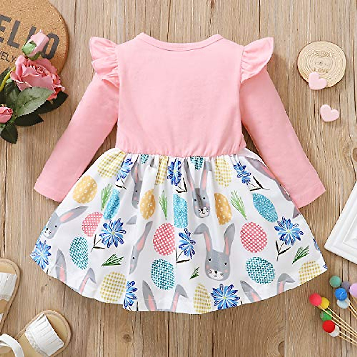 Goodplayer Toddler Baby Girl Easter Outfits Ruffle Long Sleeve Top Bunny Egg Print Skirt One-Piece Girl Dress Clothes (Pink, 3-4 Years)