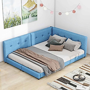 ATY Upholstered Queen Size Daybed with 2 USB Ports, Sofa Bed Platform Bedframe with Slat Support, No Box Spring Needed, for Bedroom, Livingroom, Guestroom, Easy Assembly, Blue