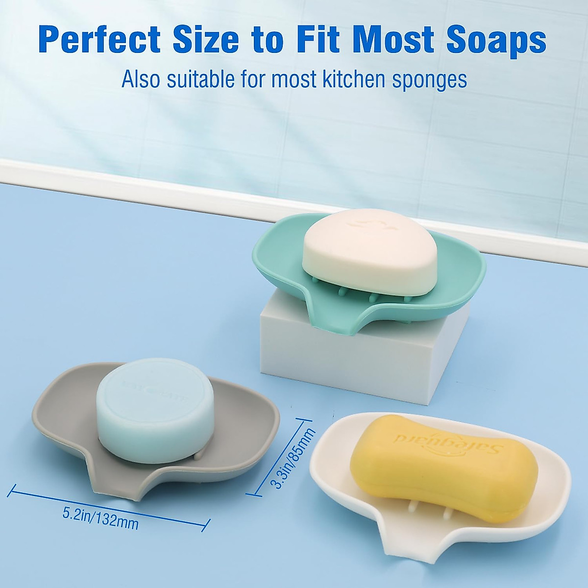 3 Pack Silicone Soap Dish with Drain, Bar Soap Holder for Shower/Bathroom, Self Draining Waterfall Soap Tray/Saver for Kitchen, Keep Soap Dry, Easy to Clean