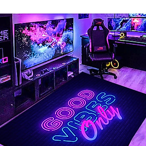 Manicer Neon Area Rug, Blacklight Good Vibes Only UV Reactive Non-Slip Door Throw Rug Fluorescent Flannel Floor Mat Carpet, Glow in The Dark Play Mat for Bedroom, Playroom - 19.7" x 31.5"