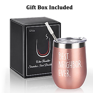 Qtencas Best Neighbor Ever Stainless Steel Wine Tumbler, Neighbor Gift Housewarming Gifts Farewell Gift for Neighbors, Moving Going Away, New Home Owner Friends, Neighbor Birthday Christmas Gift, 12oz