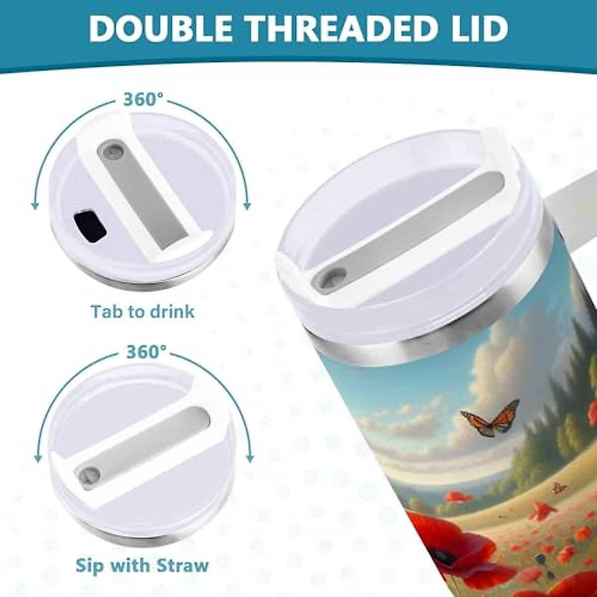 RPLIFE Poppy Flowers 40oz Tumbler with Handle, Stainless Steel Water Bottle with Straw, Tumblers for Women