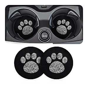 AUCELI 2 Pack Car Cup Holder Coasters, 2.75In Bling Glitter Rhinestone Paw Print Cup Coaster, Rubber Non-Slip Insert Auto Drink Mat, Universal Car Interior Accessories for SUV, Truck, RV (Silver)