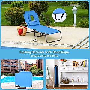 Giantex Outdoor Chaise Lounge Chair - Folding Beach Chair with 5 Adjustable Positions, Hole, Detachable Pillow, Hand Ropes, Lounger for Sunbathing, Poolside, Yard, Patio Lawn Chair