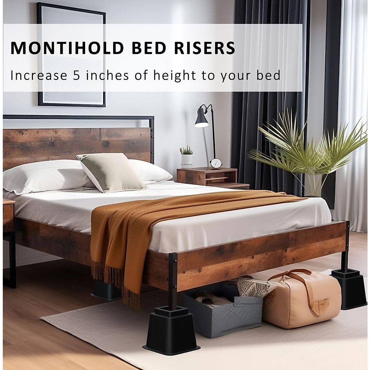 MONTIHOLD Bed Furniture Risers 5 inch, Heavy Duty Bed Lifts in Heights of 5 Inch, Furniture Risers for Bed, Couch, Desk, Sofa, Chair, Table Legs Extenders (Set of 6, Black)