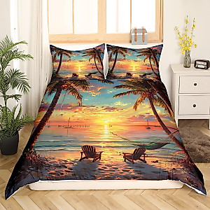 Tropical Sunset Palm Tree Duvet Cover (NO Comforter),Ocean Sunset Coastal Beach Breathable Comforter Cover,Watercolor Seaside Landscape Comforter Cover 3 Pcs with 2 Pillowcases King Size
