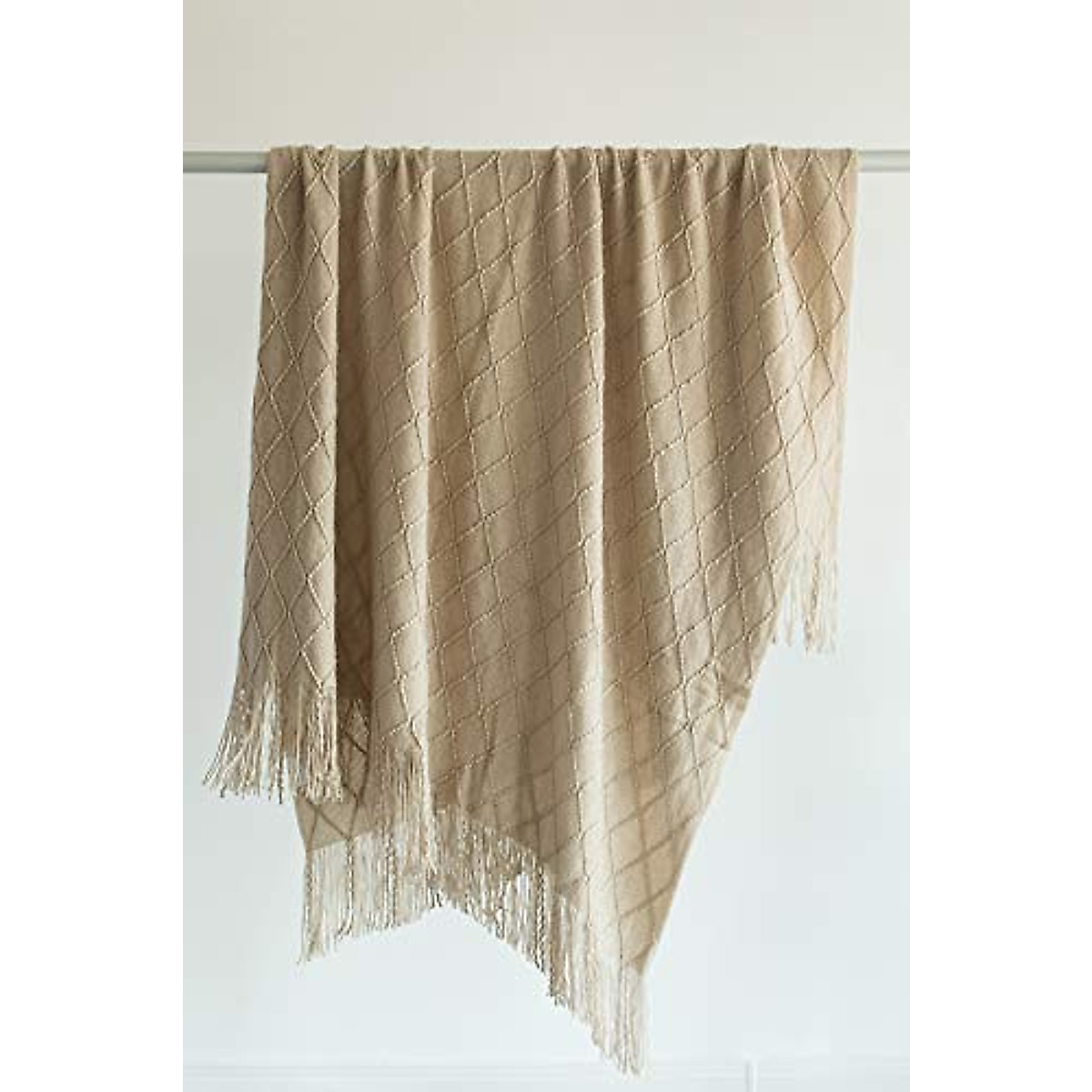 Decorative Diamond Pattern Knit Throw Blanket with Fringe, Khaki