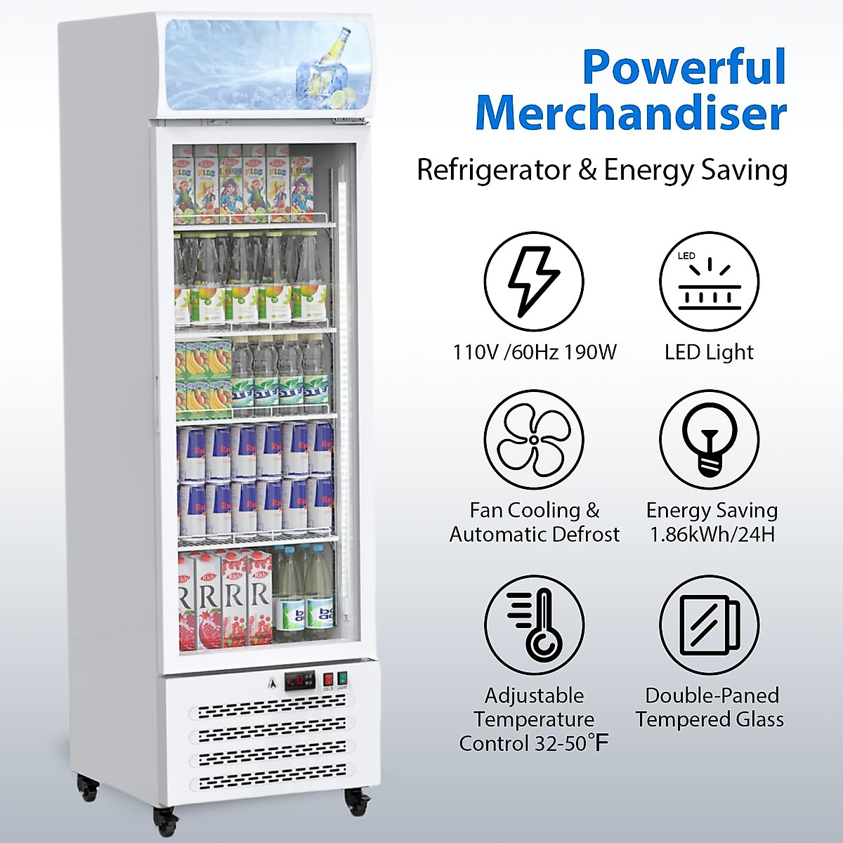 PullaFun 11.5 Cu.Ft. Commercial Display Fridge for Beverages, Display Refrigerator Drink Cooler Case Fridge With Led Light for Shop, Restaurant, Apartment, Adjustable Shelves, White