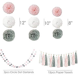InBy 26pcs Pink Grey Party Decorations Baby Shower Decoration for Girl 12" 10" 8" Tissue Paper Flower Pom Poms Tassel Garland for Wedding Birthday Bachelorette Bridal Baby Girl Shower Party Decoration