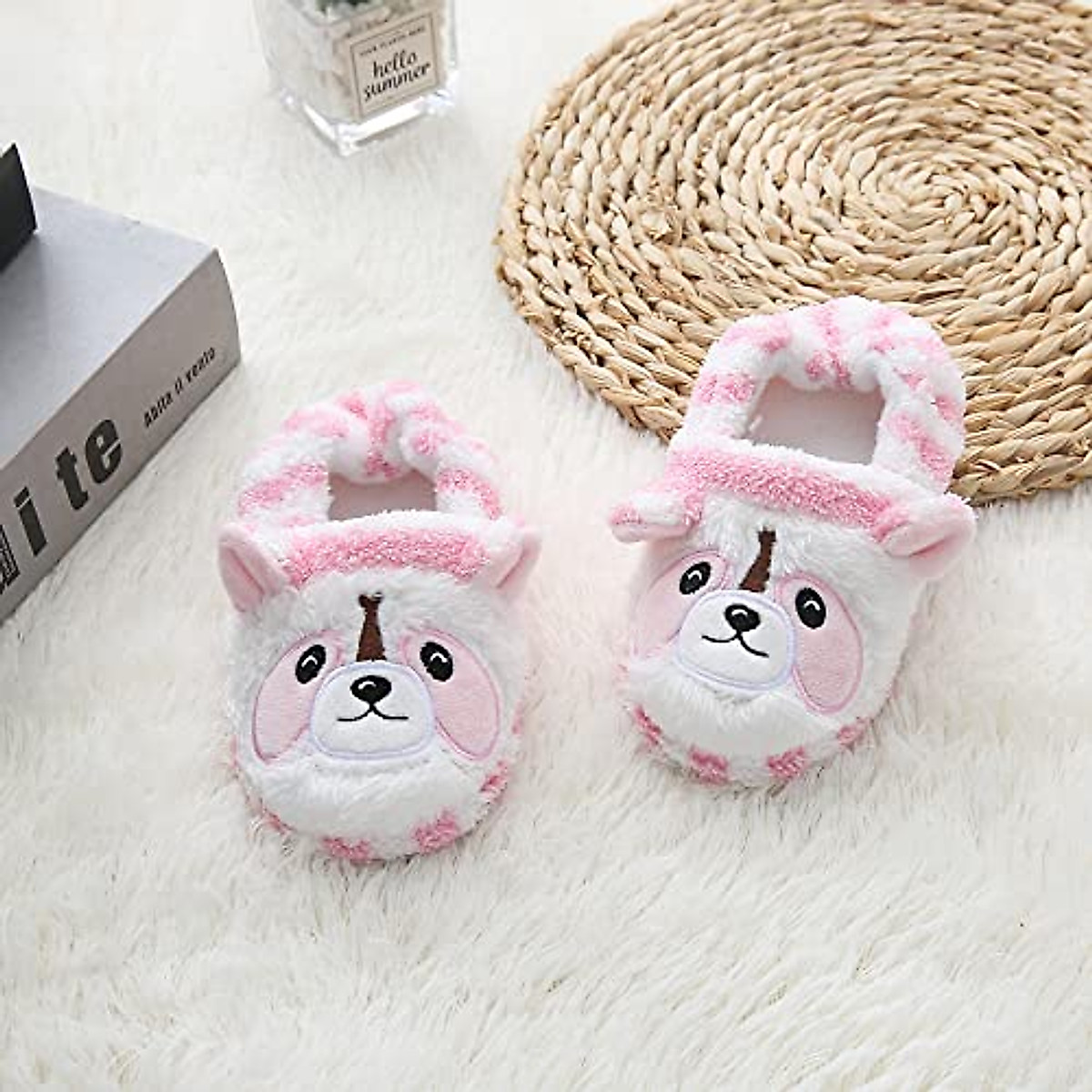Enteer Baby Girls' Bear House Slippers with Non-Slip Rubber Sole Pink US 5-6